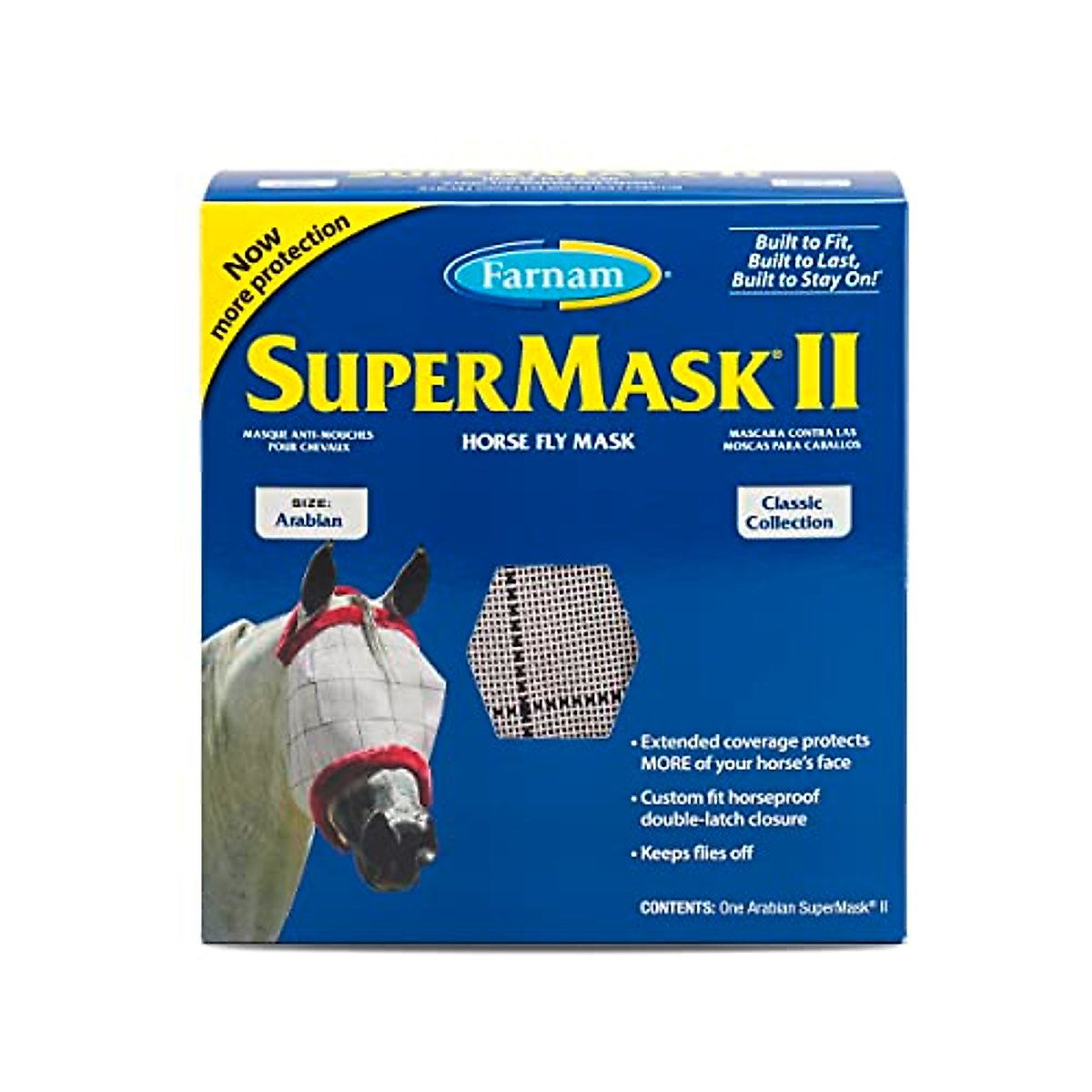 SuperMask II Fly Mask Without Ears for Smaller Horses or Arabian Horses, Full Face Coverage and Eye Protection from Insect Pests, Structured Classic Mesh with Plush Trim, Small Horse/Arabian Size