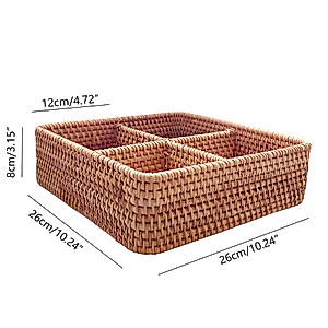 i-lan 4-compartment Squre Woven Natural Wicker Storage Basket Box without Lid, 4 Divided Rattan Basket Organizer for Countertops,Shelf,Snacks,Candy,Nuts and Other Accessories.