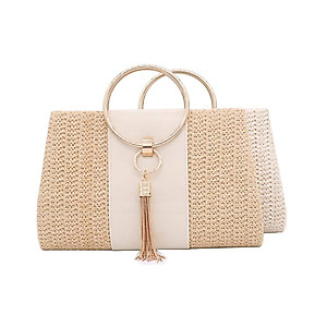 Bamboo Handbag Handmade Tote Bamboo Purse Straw Beach Bag for Women (White)