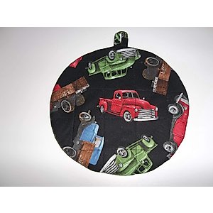 Pot Holders Heat Resistant Classic Pickup Trucks Red and Multi Colored Potholders Handmade Double Insulated Quilted Hot Pads Trivets 9 inches Round