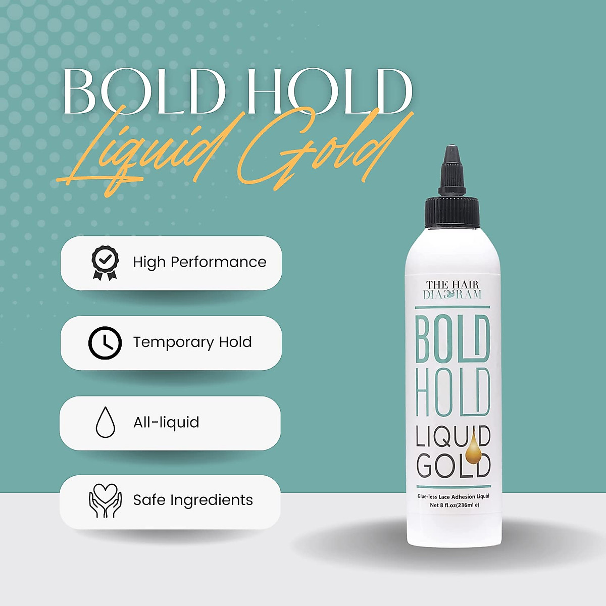 The Hair Diagram - Bold Hold Liquid Gold Reloaded - Glueless Lace Gel - Temporary Hold For Wigs and Hair Systems - Styling Agent For Baby Hairs - Non Toxic - Aerosol & Alcohol Free - Water Based Formula - 4oz