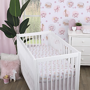NoJo Little Love Sweet Jungle Friends Pink, White and Tan, Monkey, Cheetah and Giraffe Super Soft Fitted Crib Sheet
