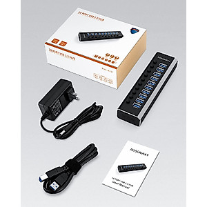 Powered USB Hub, Rosonway Aluminum 10 Port USB 3.0 Data Hub with 36W (12V/3A) Power Adapter and Individual On/Off Switches USB Splitter(RSH-A10)