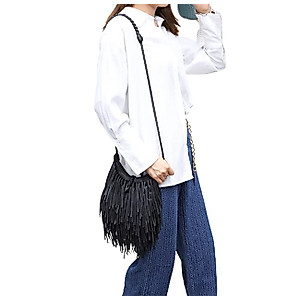 Women Fringe Tassel Crossbody Bag Hippie Boho Leather Shoulder Bag Vintage Western Cowgirl Purse Country Concert Outfits (Black,One Size)