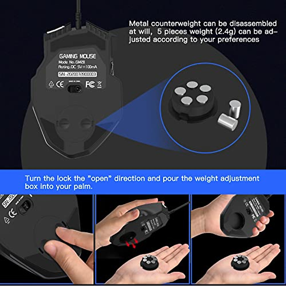 Ruiqas Wired Mouse 10 Buttons Optical Gaming Mouse with RGB Light 1000/1600/ 2400/ 3200DPI Weight Tuning for PC Computer Laptop