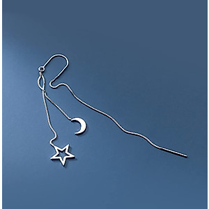 Reffeer Solid 925 Sterling Silver Moon Star Threader Dangle Earrings Chain for Women Teen Girls Long Dangle Earrings Tassel Chain (A-Silver)