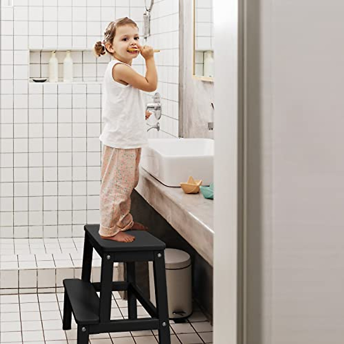 HOUCHICS Wooden Step Stool for Adults with 400lb, Wood Step Stool,Adults Step Stool, Step Stool for Bedside Step Helper for Kitchen,Bathroom,Bedroom (Black)