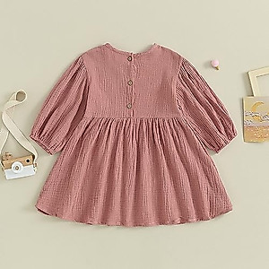 Gaono Toddler Baby Girl Cotton Linen Dress Long Sleeve Solid Color A-Linen Smocked Fall Dress Babyboll Princess Dresses (A-Pink, 3-4 Years)