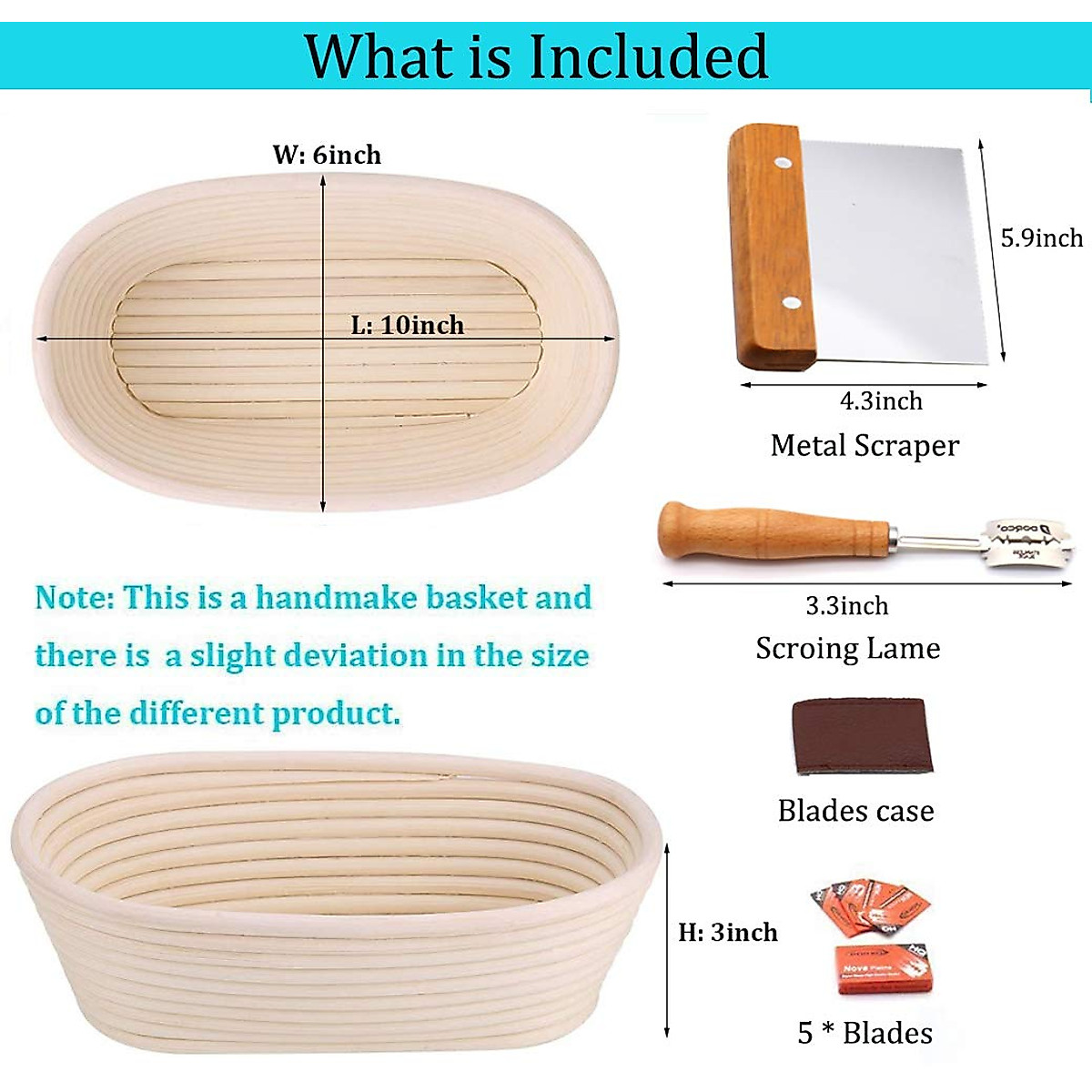 10" Oval Bread Banneton Proofing Basket for Sourdough, Includes Linen Liner, Metal Dough Scraper, Scoring Lame & Case, Extra Blades, Rising Dough Baking Bowl Gifts for Artisan Bread Making Starter