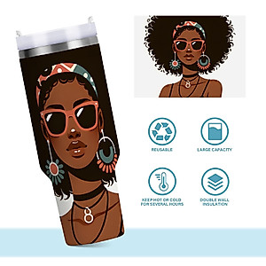 FENOCHE African American Woman Earrings 40 oz Tumbler Insulated Cups Stainless Steel Water Bottle with Handle Lid and Straw Tumblers for Car Cup Holder
