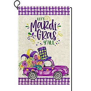 Baccessor Mardi Gras Y’all Garden Flag Double Sided Buffalo Plaid Mask Truck Fleur de Lis Masquerade Party Small Burlap Flag Spring Outdoor Yard Lawn Decoration 12.5 x 18 Inch