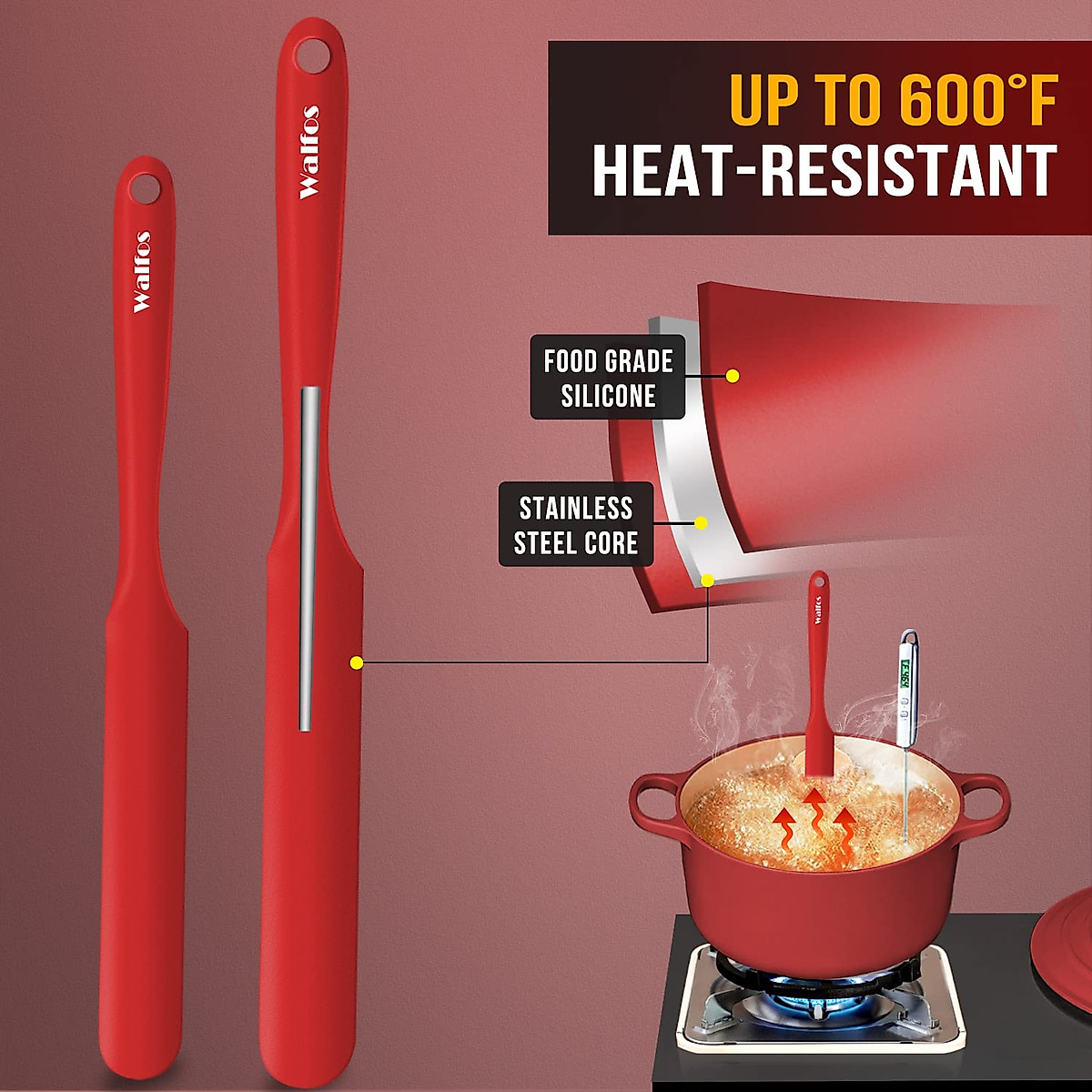 Walfos Silicone Jar Spatula - 600ºF Heat Resistant Kitchen Spatulas(2pcs), Strong Steel Core & One-Pieces Design,Mixing Batter & Cake Cream Spatulas, for Cooking & BPA Free & Dishwasher Safe, Red