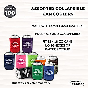 Custom Assorted Collapsible Can Coolers Set of 100, Personalized Bulk Pack - Keeps Your Drink Cold, Great for Beer, Soda and Other Beverages - Assorted