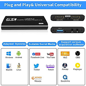 Wiistar USB Video Capture Card 1080P60FPS HDMI to USB 3.0 Audio Video Capture Device with 3.5mm Audio Out and MIC Support HDMI Loopout Game Recorder for PS4 Live Streaming