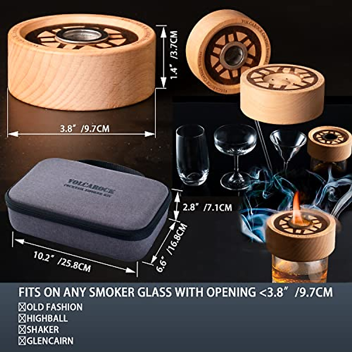 VOLCAROCK Wooden Cocktail Smoker, Home Bartender Kit with Carry Case, Torch Included, Wood Chip Infuser Smoker, Ideal Father's Day Gift, Luxury Bar Set for Old Fashioned, Whiskey, Manhattan and More