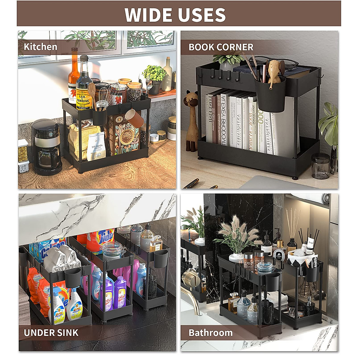 Mifine 3 Pack Under Sink Organizers and Storage, 2-Tier Organizer with 12 Hooks and 3 Hanging Cups, Sturdy Multi-Purpose Storage Baskets for Bathroom Kitchen Countertop Pantry Cabinets Laundry Room