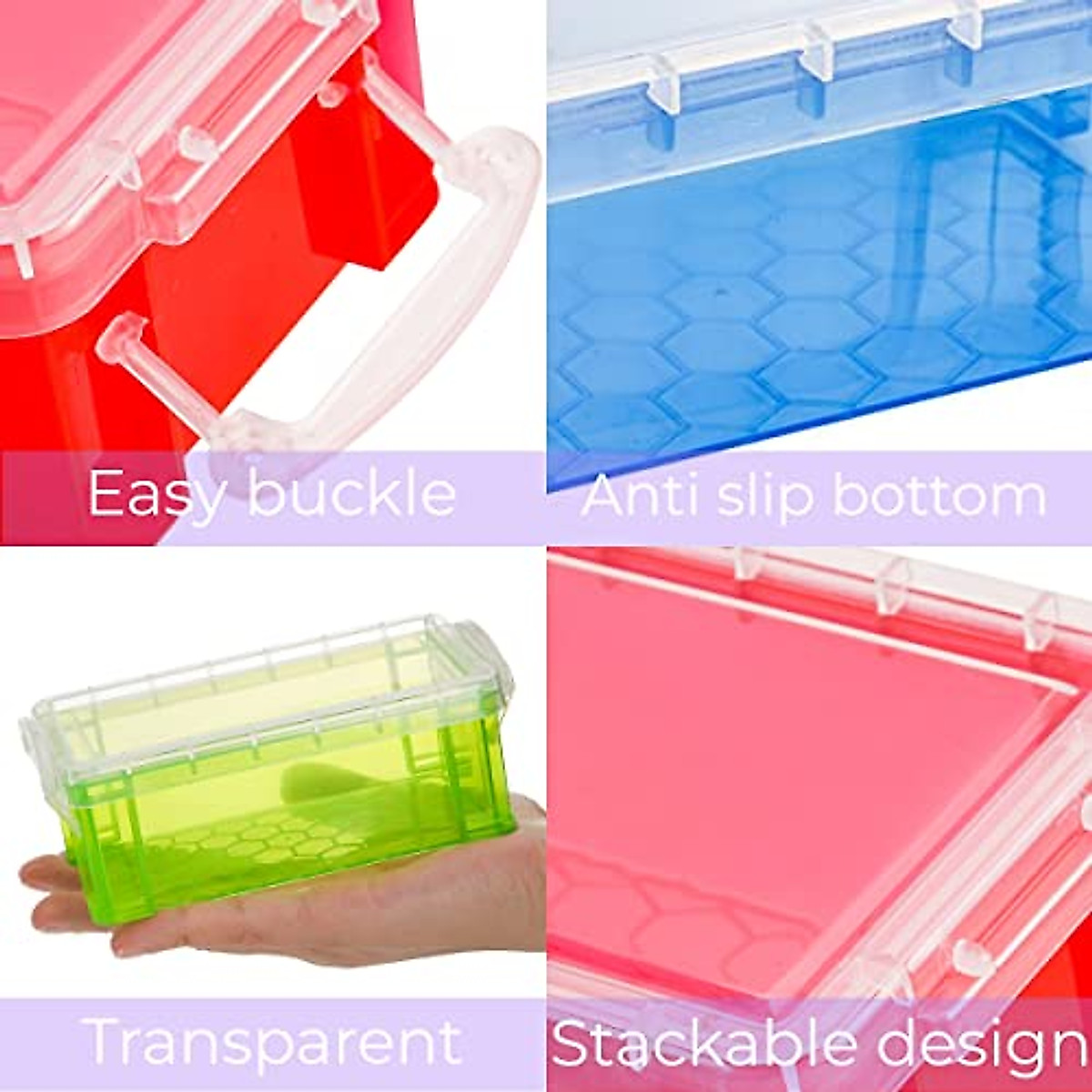 Hiceeden 12 Pack Small Plastic Storage Box with Lid, 5.3"x3"x2" Stackable Clear Latch Storage Case Bins Organizer Container for Craft Items, Jewelry Beads, 6 Colors