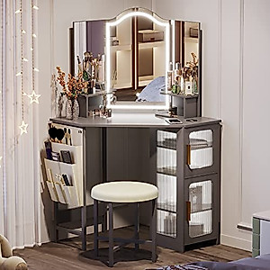LVSOMT Vanity Desk with Mirror and Lights, Makeup Vanity with Charging Station, Dressing Table with 3 Lighting Options, Vanity Set with Drawers, Women’s Corner Vanity table, Grey