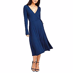R.Vivimos Women Spring Autumn Long Sleeve Sweater Knitted Slim Elastic V Neck Sexy Midi Wrap Dresses （Large, Navy Blue）