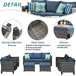 ovios Patio Furniture Set 7 PCS High Back Sofa Outdoor Conversation Sets All Weather Wicker Rattan Sectional Sofa Set Couch and Chairs Garden Backyard Porch (Denim Blue)
