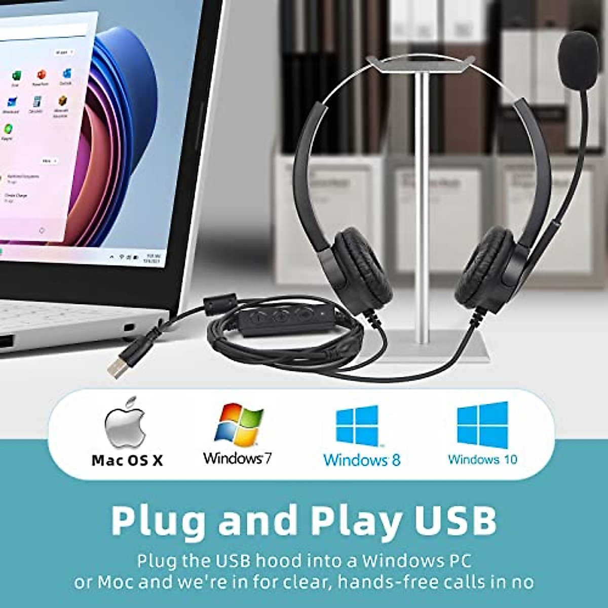 USB Headset with Noise Cancelling Microphone for PC, HD Sound in-line Controls Headset for Computer, PC, Skype, Zoom, Webinar, Call Center, Home, Office