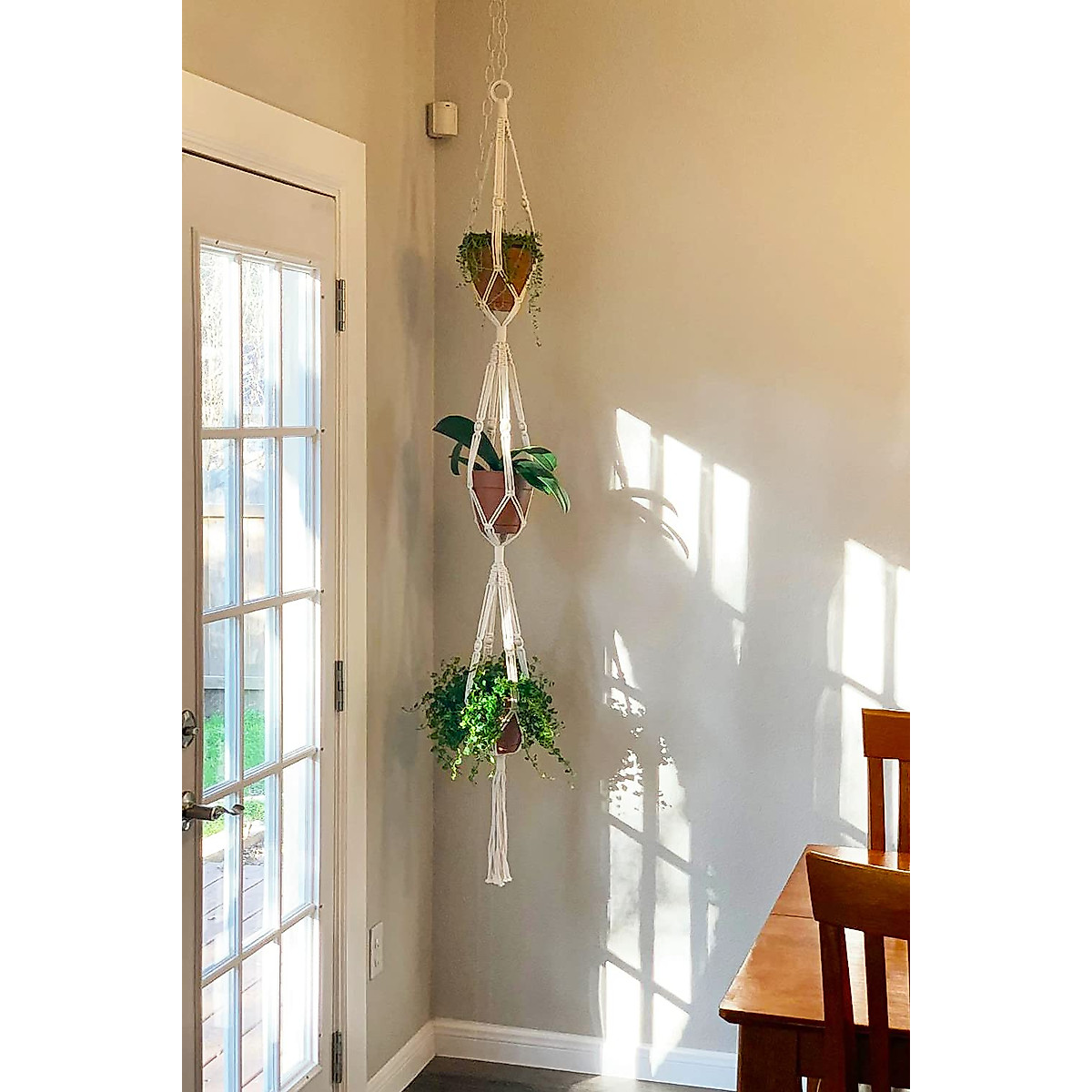 Mkono Macrame Plant Hanger 3 Tier Indoor Outdoor Hanging Planter Basket Cotton Rope with Beads 70 Inches