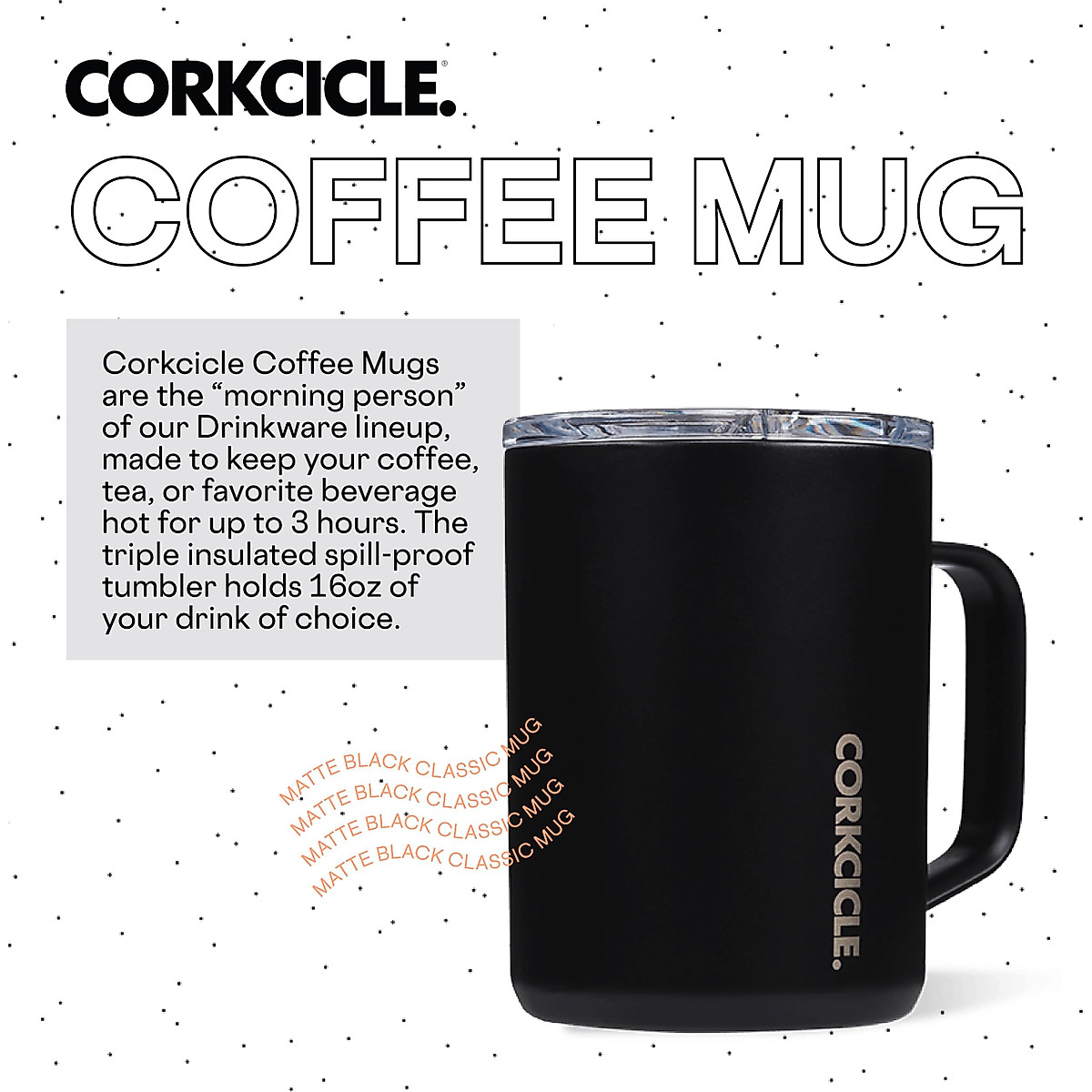 Corkcicle Triple Insulated Coffee Mug with Lid and Handle, Black, 16 oz – Stainless Steel Travel Mug Keeps Beverages Hot for 3+ Hours – Non-Slip, Easy-Grip, Spill-Resistant Tumbler