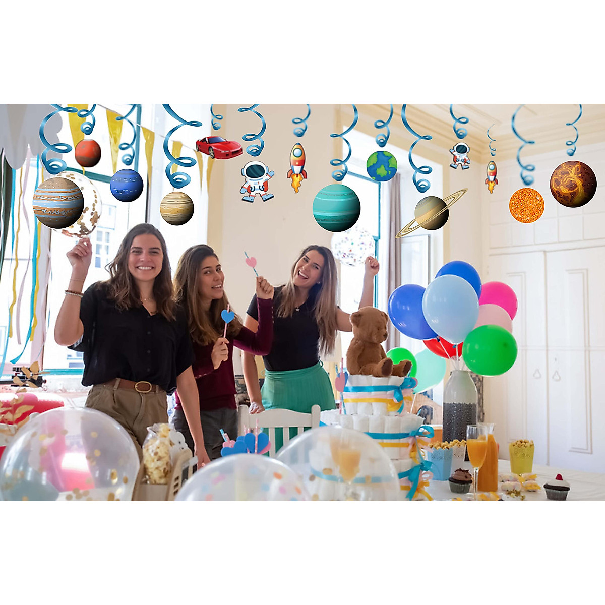 Kids Space Birthday Party Decorations - Blue Astronaut Spaceship Theme Happy Birthday Banner Hanging Solar System Spiral Planet Card Children's Gifts Cake Insert Supplies Set