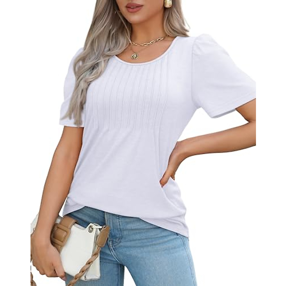 Womens Tops Dressy Casual Trendy Pleated Short Sleeve Summer Shirts White XXL