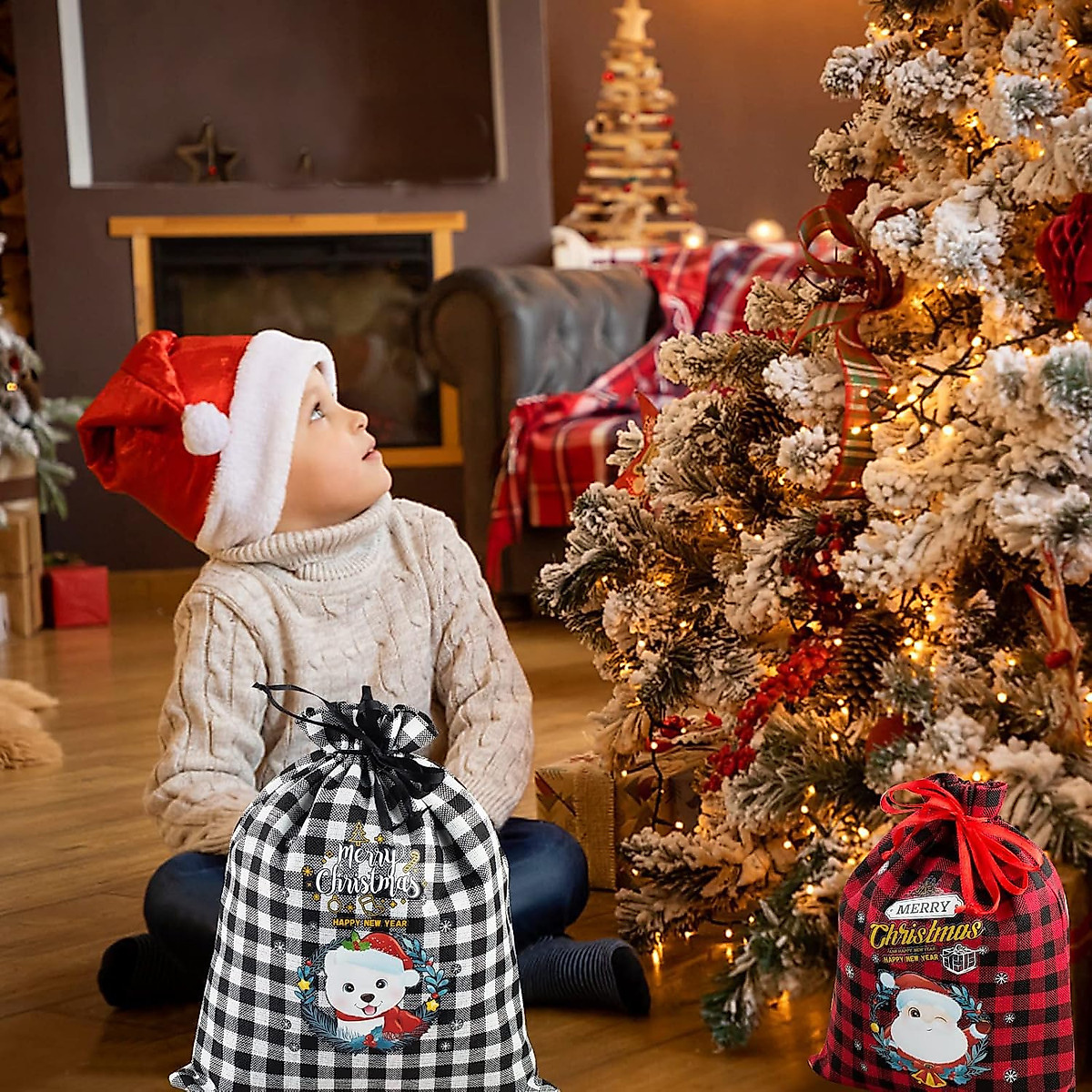 8 Pack Assorted Sizes Gift Bags buffalo plaid and Christmas patterns gifts Bags with Drawstrings Xmas Plaid Burlap Bags Wrapping Bags Drawstring Storage Bags with Drawstring