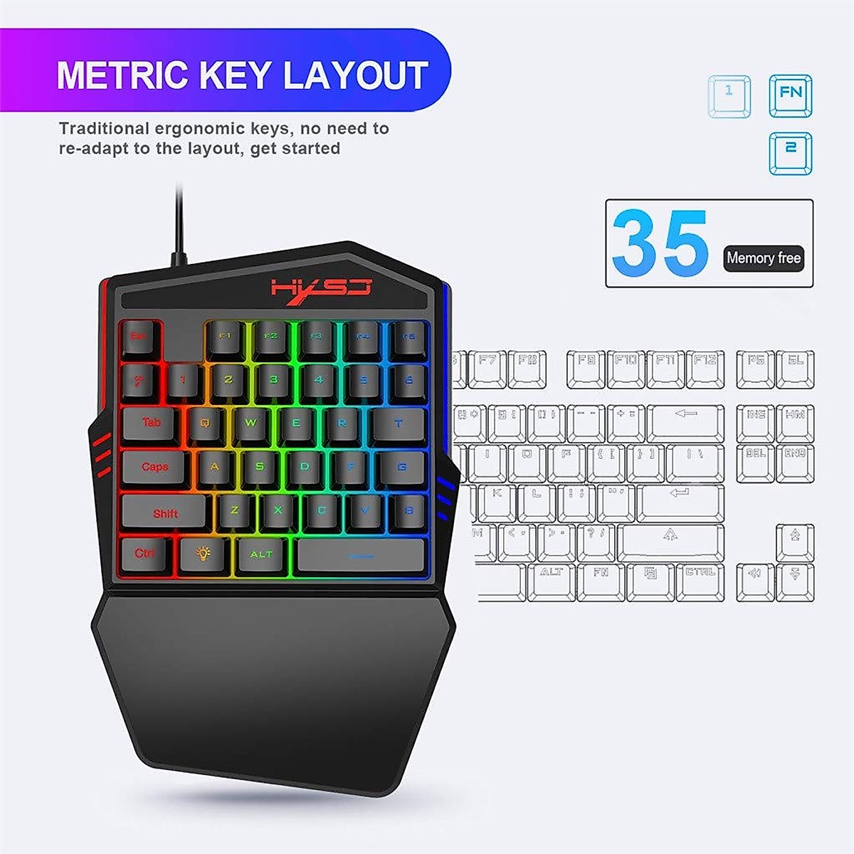 Sdoveb 35 Keys Keycap Wired Mechanical RGB LED Backlit Half Keyboard，One Hand Gaming Keyboard and Mouse Combo, Support Wrist Rest, USB Wired Gaming Mouse, Converter Adapter for Gaming (Black)