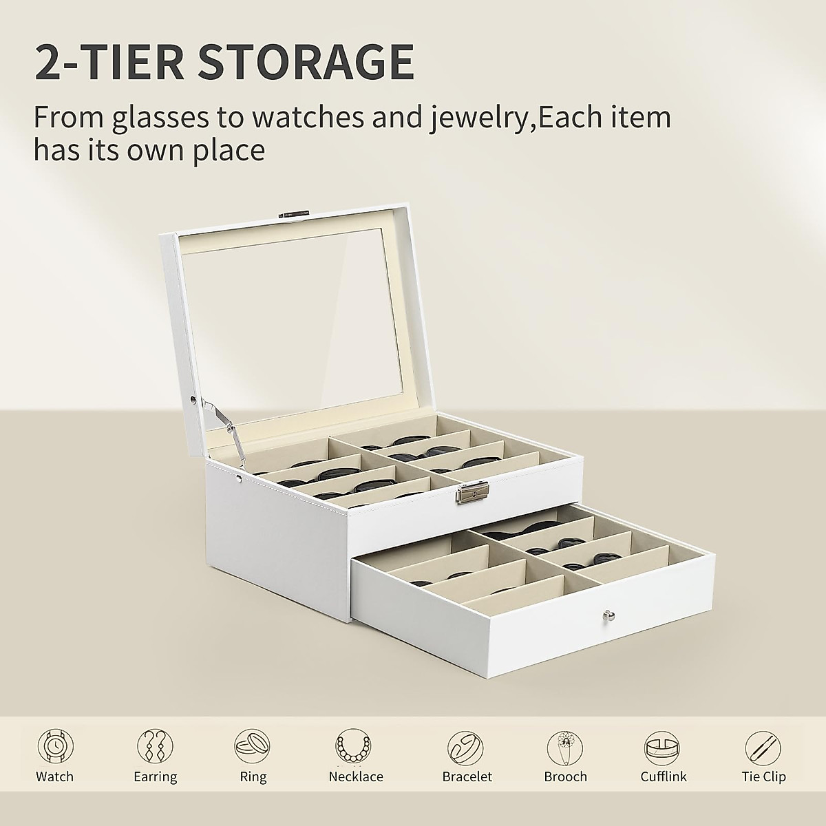 AUTOARK Leather 16 Piece Eyeglasses Storage and Sunglass Glasses Display Drawer Lockable Case Organizer,White,AW-151