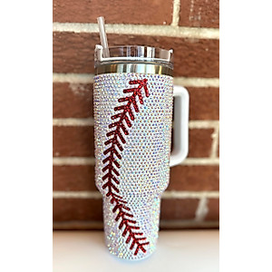 SEM LIFE 40 Oz Rhinestone Bling Tumbler Cup with Handle and Straw (BASEBALL), Stainless Steel and Double Wall Insulated