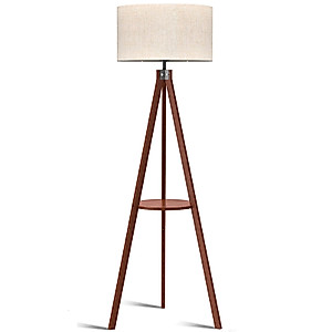 LEPOWER Tripod Floor Lamp, Mid Century Wood Standing Lamp, Modern Design Shelf Floor Lamp for Living Room, Bedroom, Office, Flaxen Lamp Shade with E26 Lamp Base