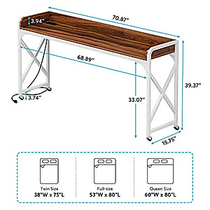 Tribesigns Over Bed Table with Wheels, 70.8" Overbed Desk with Outlet & USB, Mobile Queen Size Bed Table with White Metal Legs for Bedroom, Rolling Tray Table for Living Room, Hospital, Dark Walnut
