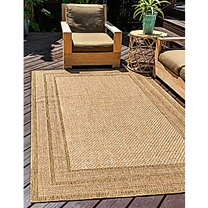 Unique Loom Outdoor Border Collection Area Rug - Multi Border (3' 3" x 5' Rectangle, Tan/ Light Brown)