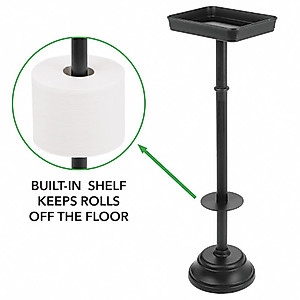 mDesign Modern Plastic Freestanding Storage Tray Stand, Pedestal with Storage Capacity for 2 Rolls of Extra Reserve Toilet Paper - Top Tray for Cell Phone, Book, Spray - Bathroom Organization - Black