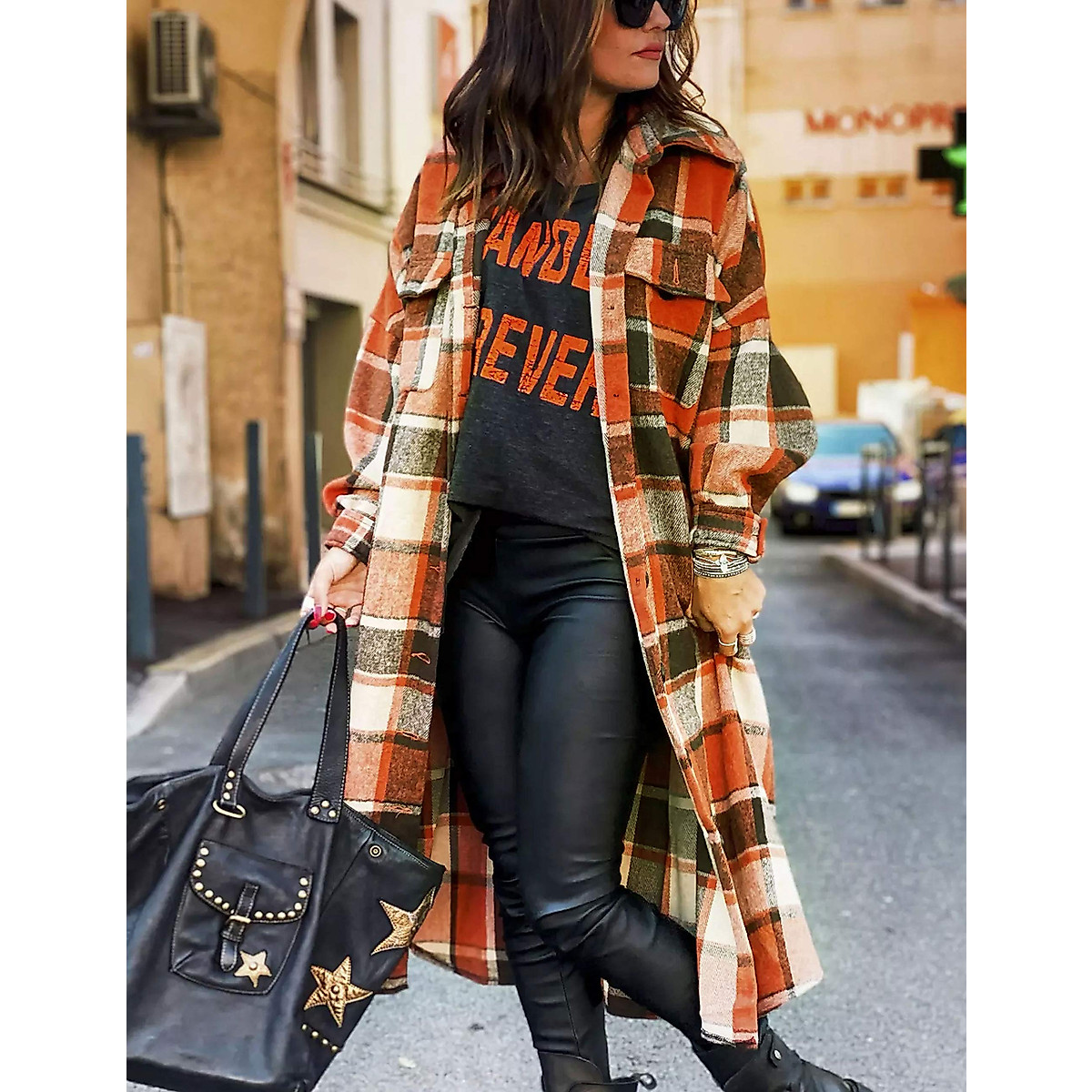 Himosyber Women's Casual Plaid Lapel Woolen Button Up Pocketed Long Shacket Coat (Red-S)