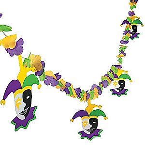 Mardi Gras Flower Garland with Jester Cutouts (12 feet Long) Party Decor