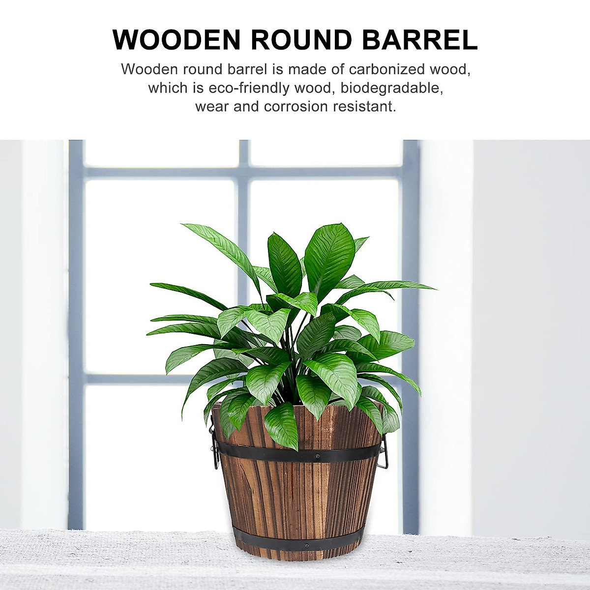 DOITOOL Rustic Wooden Bucket Barrel Planter Rustic Whiskey Bucket Flower Plant Pots Boxes Container for Patio Garden Backyard 7.08”x5.9“x 5.1"