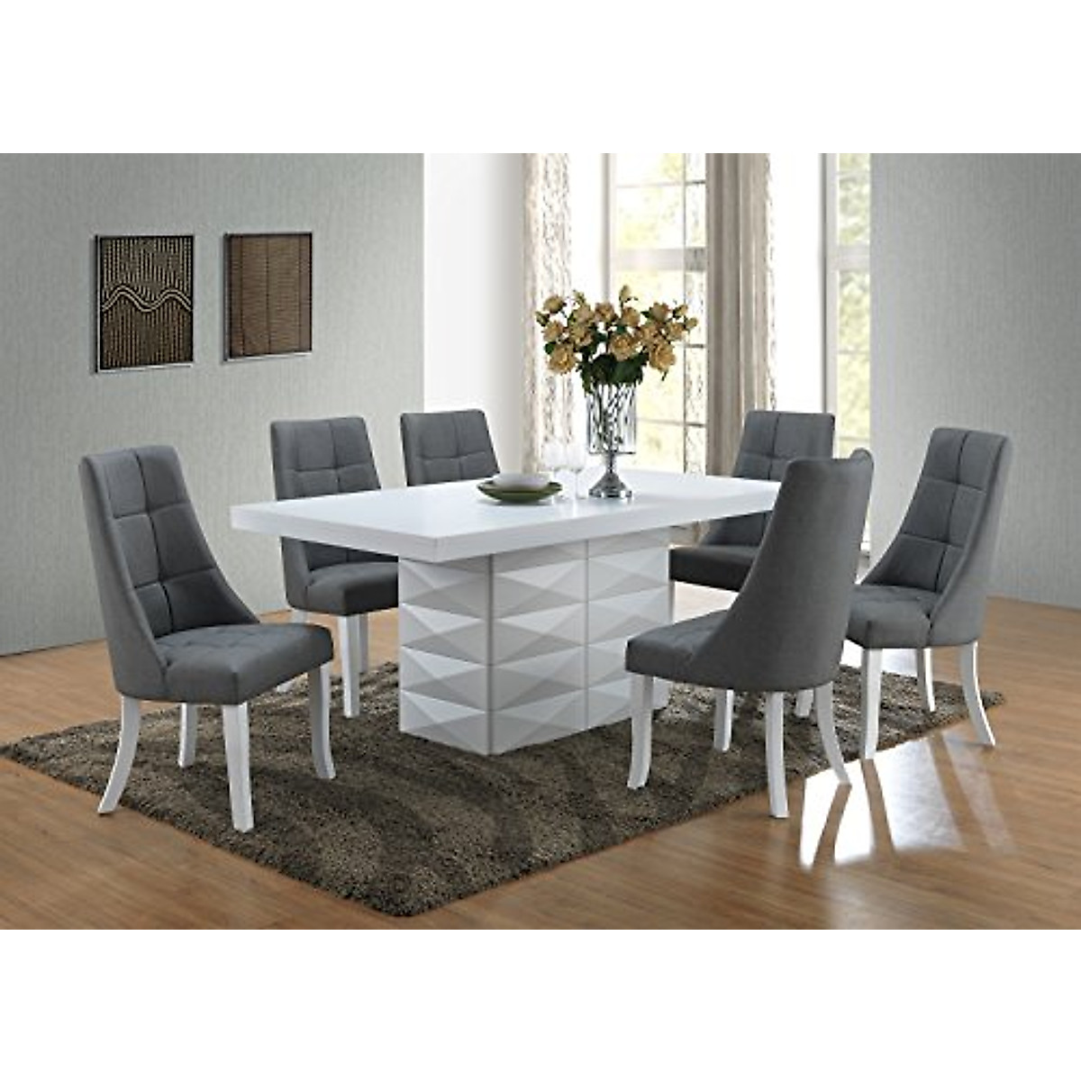 Kings Brand Furniture Milan 7 Piece White Modern Rectangle Dinette Dining Room Table & 6 Grey Vinyl Chairs, 70.9" W x 39.4" D x 30.5" H