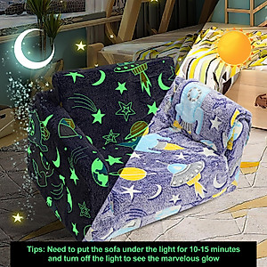Kirumie Kids Couch Glow in The Dark, Toddler Couches That Fold Out, 2-in-1 Convertible Sofa to Lounger, Soft Kids Sofa with Blanket, Toddler Chair Comfy Sofa for Baby Boys Girls, Space & Blue