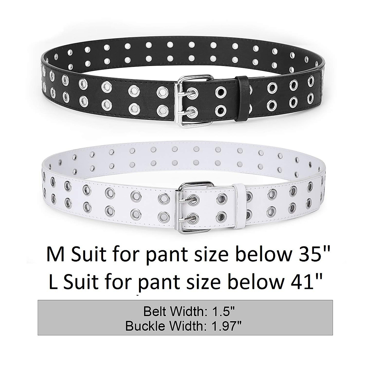 WERFORU 2Pack Double Grommet Belt PU Leather Punk Belt for Women Jeans (suit for pant below 35", A-Black+White)