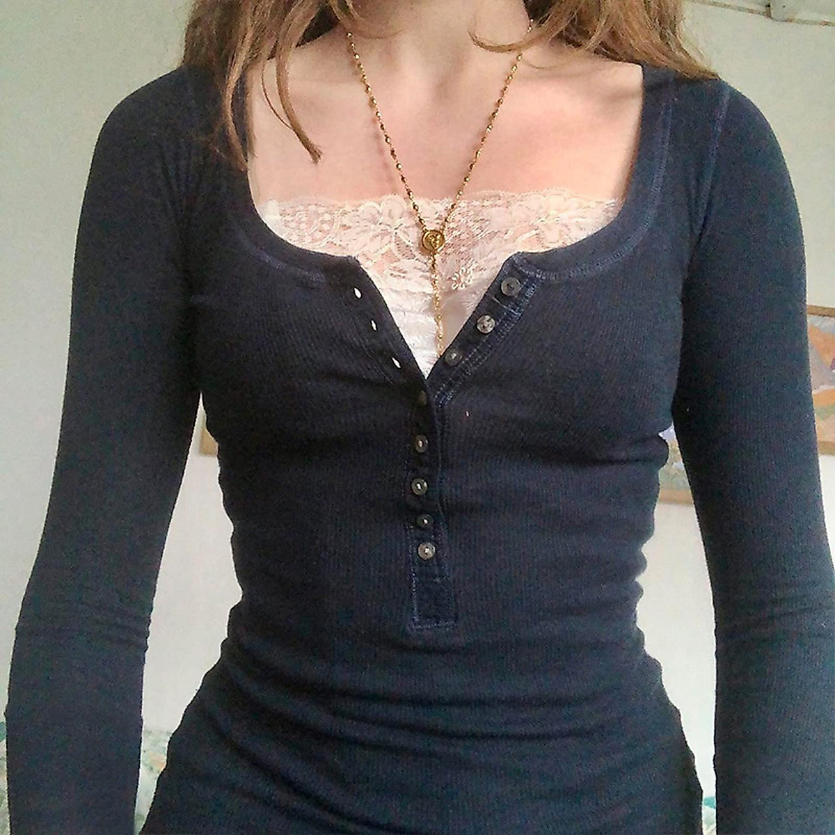 Fairy Grunge Shirts for Women Y2K Tops Long Sleeve Lace Patchwork Tees Teen Girls Vintage Slim Blouse Fall Clothes (A Black, S)