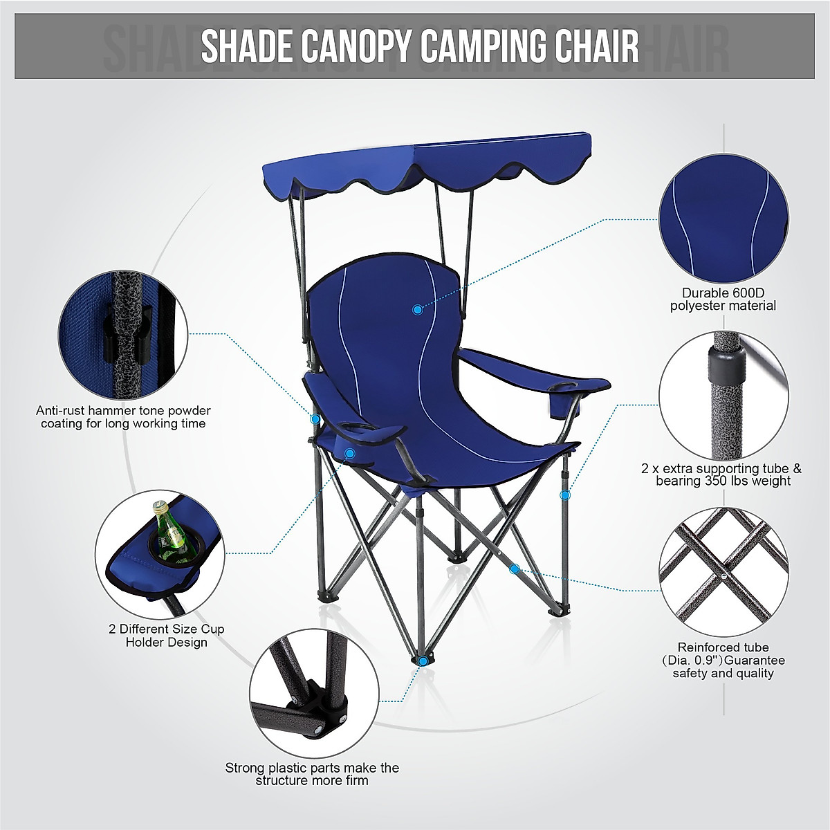 ALPHA CAMP Camp Chairs with Shade Canopy Chair Folding Camping Recliner Support 350 LBS - Navy Blue
