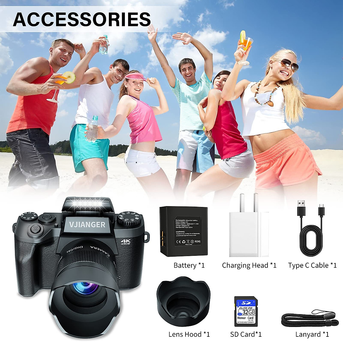 Digital Camera VJIANGER 4K Vlogging Camera 64MP Mirrorless Cameras for Photography with WiFi, 52mm Fixed Lens, 4.0" Fixed Touch Screen, 32GB SD Card & Camera Bag(W05-BlackS1)
