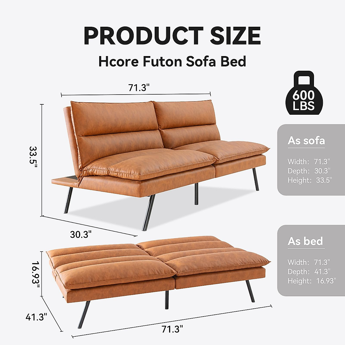 Hcore Convertible Futon Sofa Bed,Brown Faux Leather Memory Foam Loveseat,Small Euro Lounger Sofa for Compact Living Spaces,Apartment,Dorm,Studio,Guest Room,Home Office/Cushion Thickening