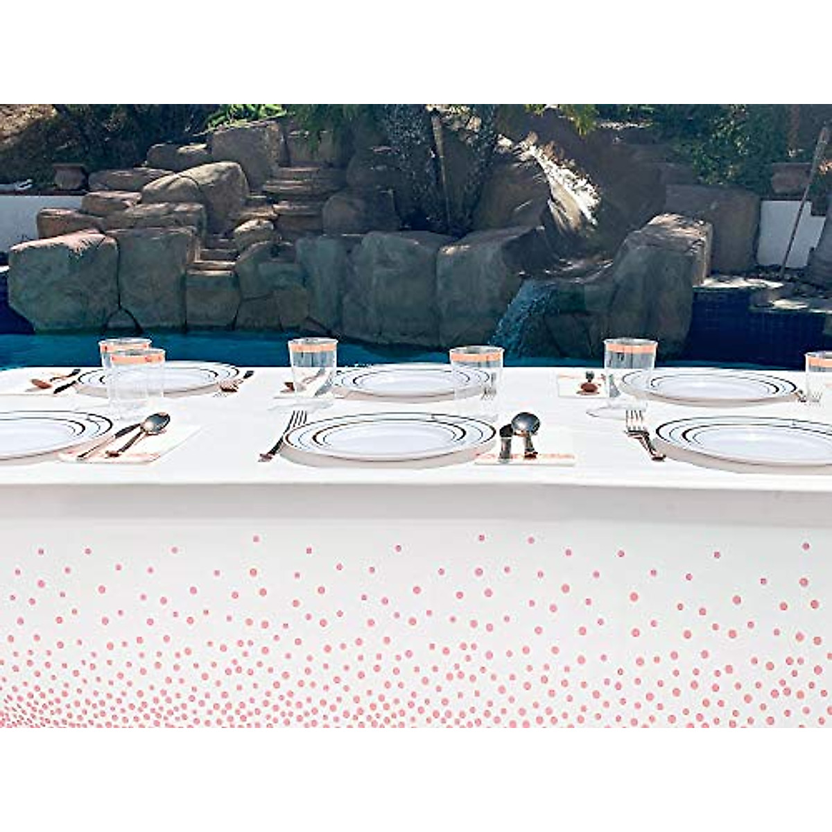Resonating Designs Rose Gold Confetti Table Covers - Pack of 5 Plastic Rectangle Kitchen and Picnic Tablecloths - Party Decorations for Birthday, Graduation, Wedding Parties - 54 x 108 Inch