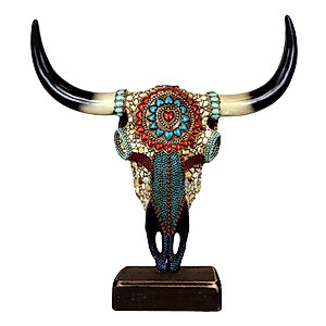 Ebros Gift 17" High Large Western Steer Bison Buffalo Bull Cow Skull Head with Mosaic Turquoise Red Yellow Blue Stones and Beads Ornate Floral Design Desktop Sculpture Native Indian Sacred Skulls