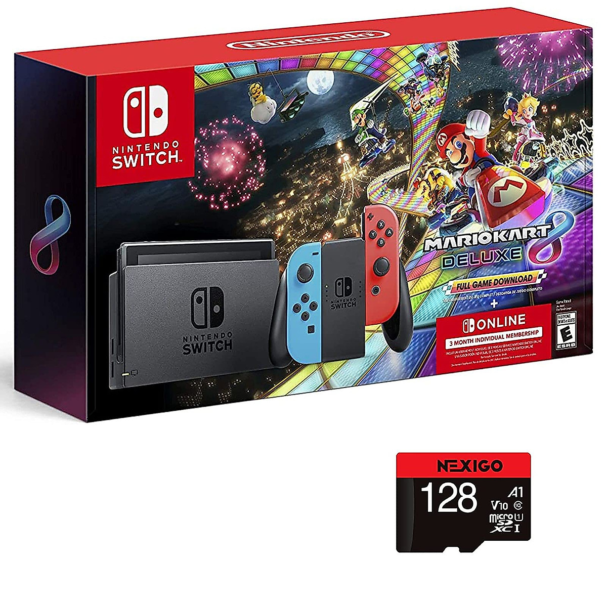 Nintendo 2021 Switch Console Family Holiday Bundle - Neon Mario, 6.2" Touchscreen LCD Display, Bluetooth + NexiGo_ 128GB MicroSD Card Bundle